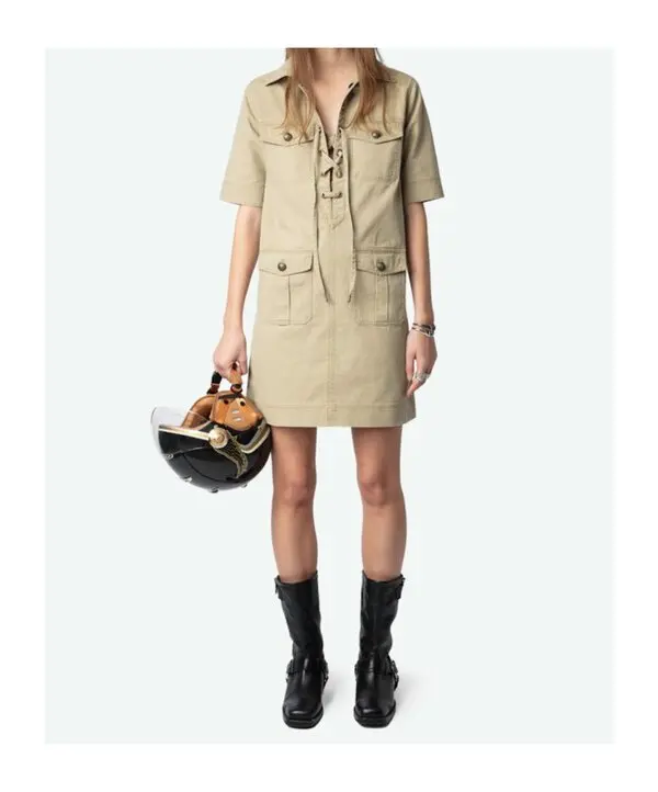 Zadig&Voltaire Short Sleeve Utility Dress With Tie Neckline