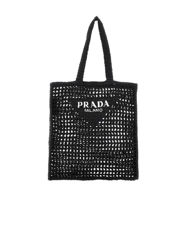 Prada Raffia Tote Bag With Logo - Black