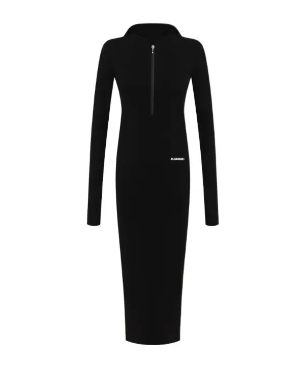 JIL SANDER Rib Knit Hooded Midi Dress With Zipper Detail
