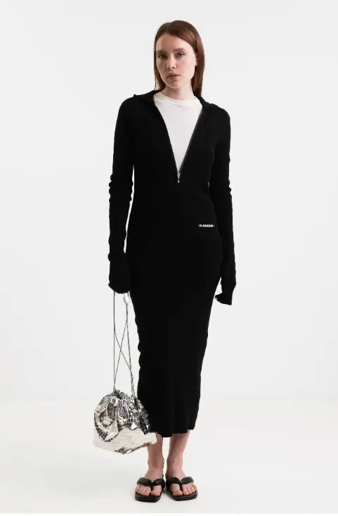 JIL SANDER Rib Knit Hooded Midi Dress With Zipper Detail
