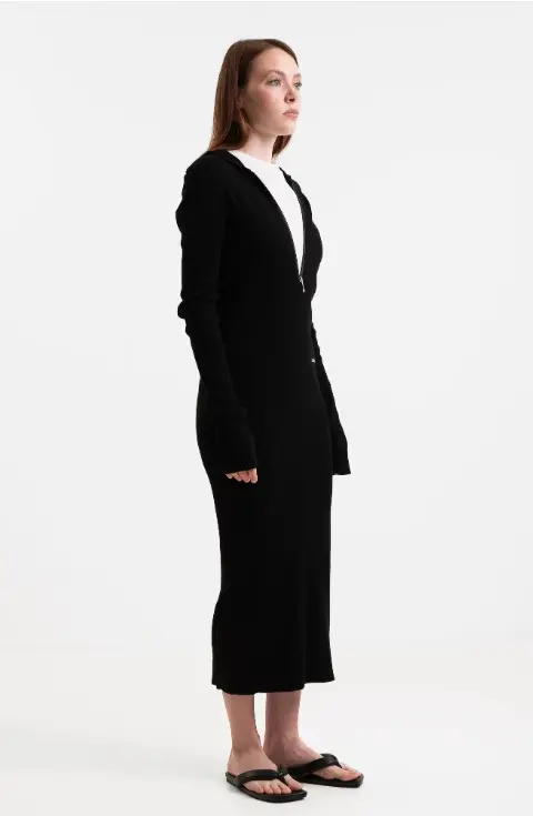 JIL SANDER Rib Knit Hooded Midi Dress With Zipper Detail