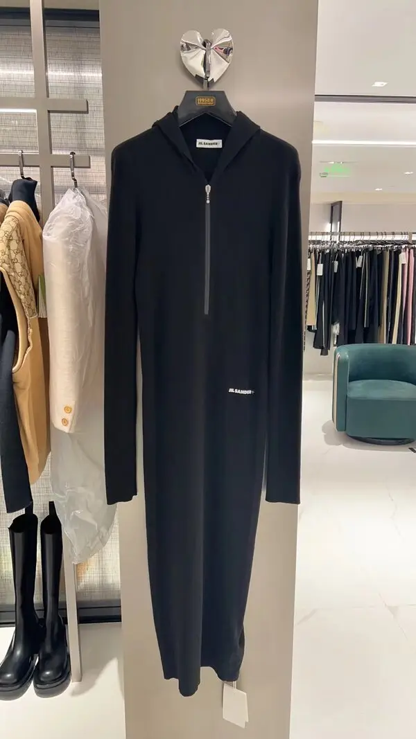 JIL SANDER Rib Knit Hooded Midi Dress With Zipper Detail