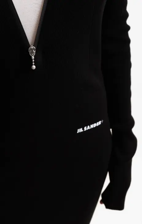 JIL SANDER Rib Knit Hooded Midi Dress With Zipper Detail