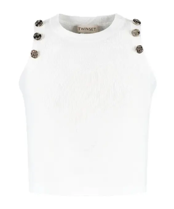 TWINSET Sleeveless Round Neck Knit Top With Button Detail - White