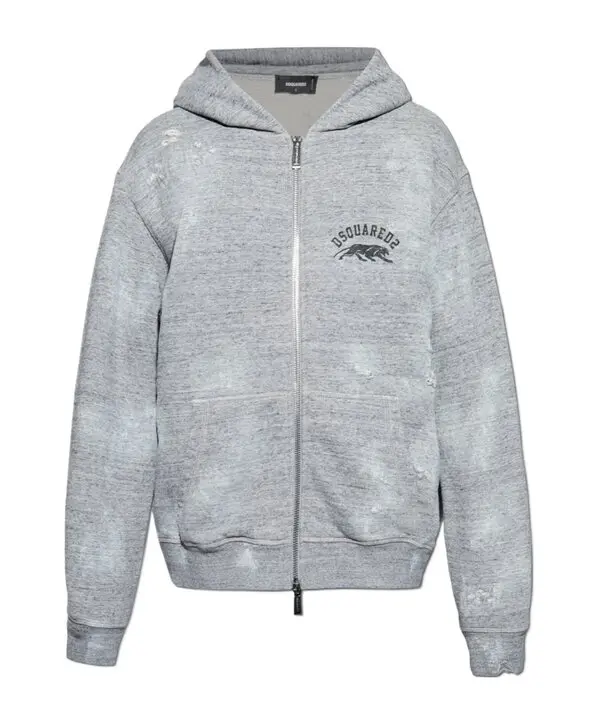 Dsquared2 Logo Printed Zipped Distressed Hoodie