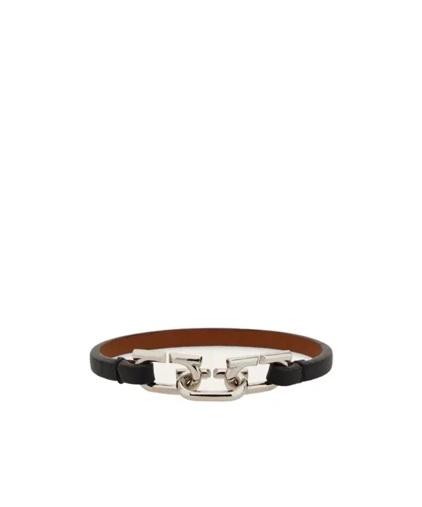 FERRAGAMO Gancini Bracelet - Silver/black/leather