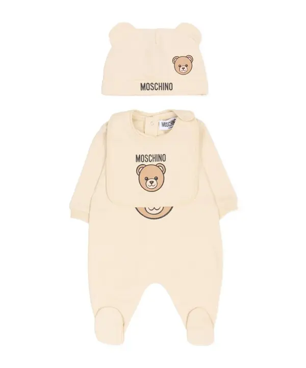 Moschino Teddy Bear Print Jumpsuit Set With Bib And Hat - Nude