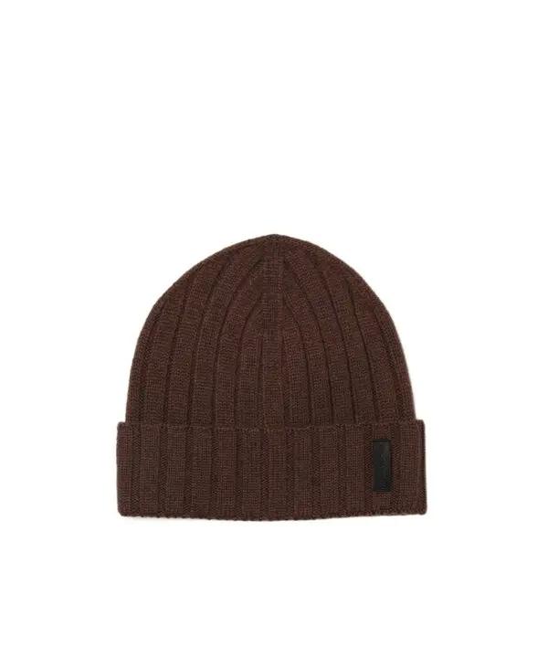 Emporio Armani Ribbed Beanie With Logo Patch - Brown