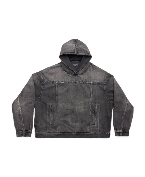 Balenciaga Grey Denim Hooded Jacket - Black