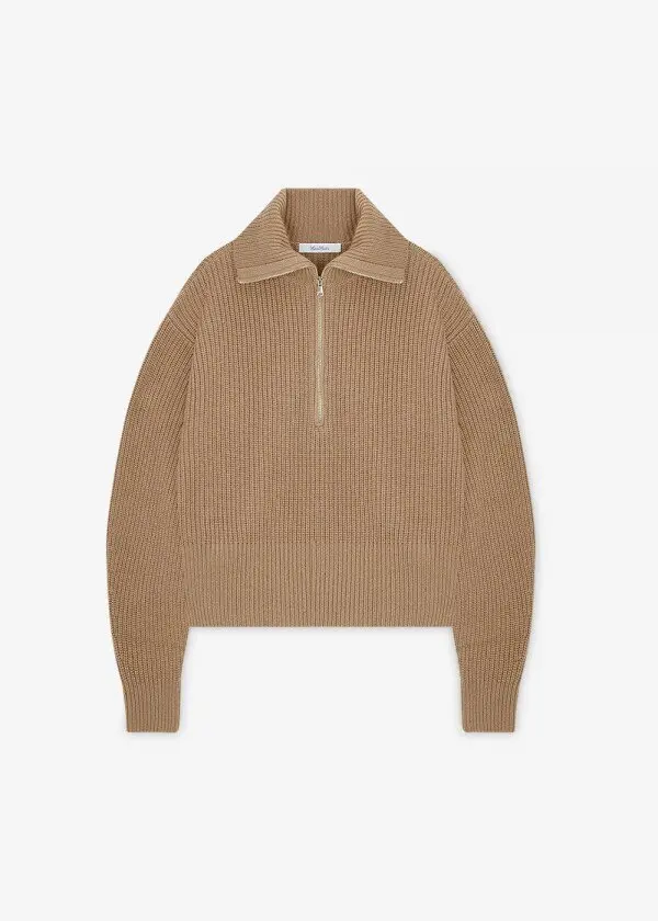 Max Mara Ribbed Knit Long-sleeve Sweater With Lapel Collar And Half-zip Closure - No