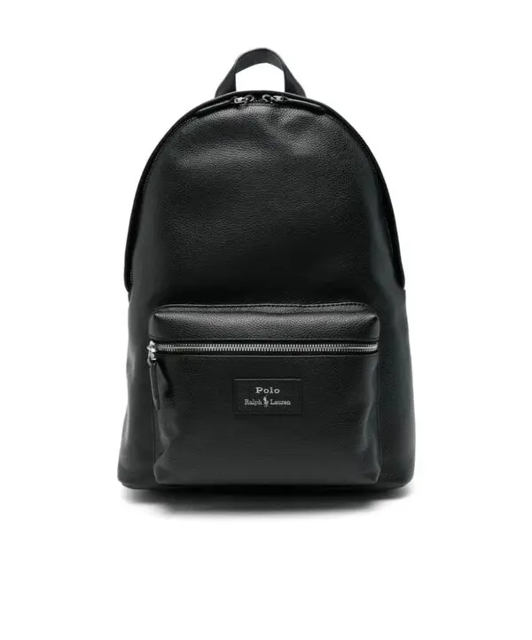 Polo Ralph Lauren Zip-up Leather Backpack With Logo Patch - Black