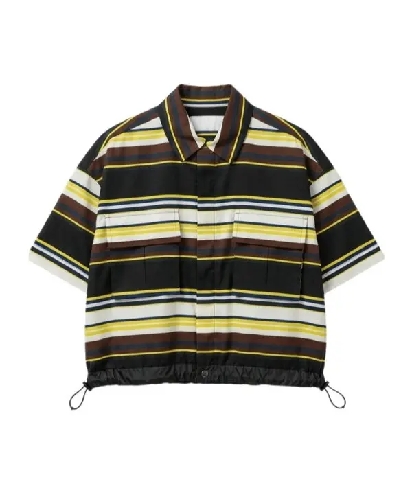 Sacai Striped Short-sleeve Shirt With Flap Pockets And Drawstring Hem