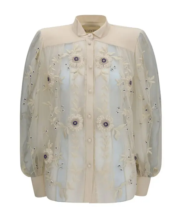 Valentino Garavani Collared Long-sleeved Embroidered Shirt - Nude