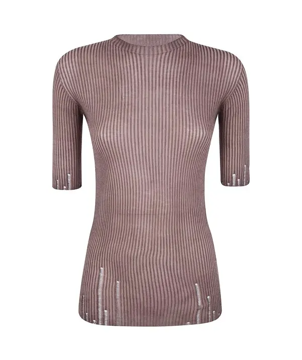 UMA WANG Short Sleeve Crew Neck Ribbed Sweater - Brown