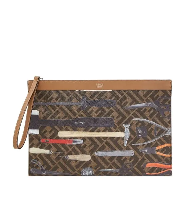 Fendi Ff Medium Flat Pouch With Printed Craft Tools - Brown