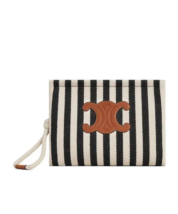 Celine Thais Pouch In Striped Textile And Calfskin - Black/white
