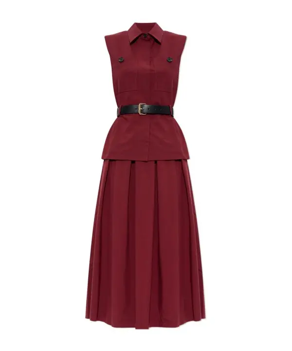 SELF-PORTRAIT Sleeveless Belted Dress With Pleated Flared Skirt