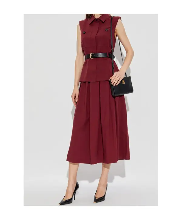 SELF-PORTRAIT Sleeveless Belted Dress With Pleated Flared Skirt