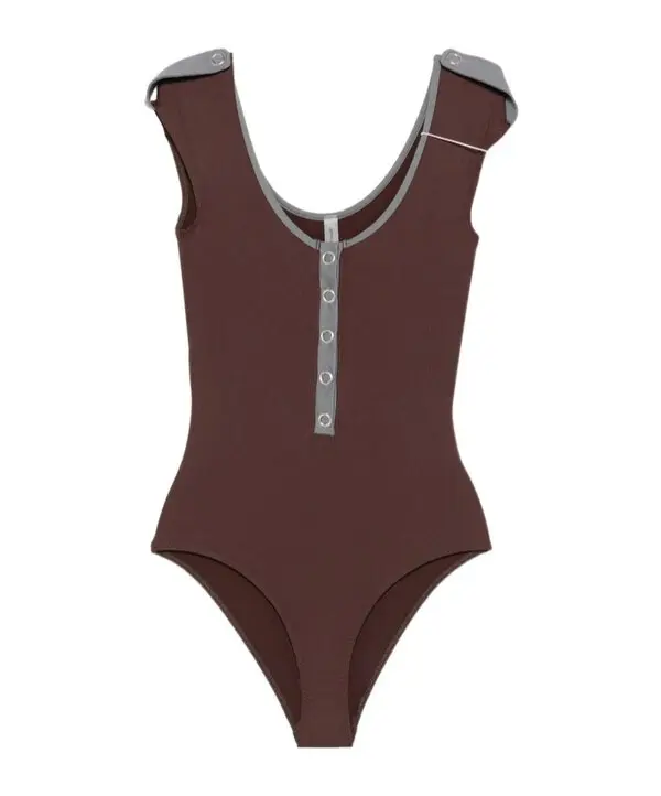 Gimaguas Sleeveless V-neck One-piece Swimsuit With Button Detail - Brown