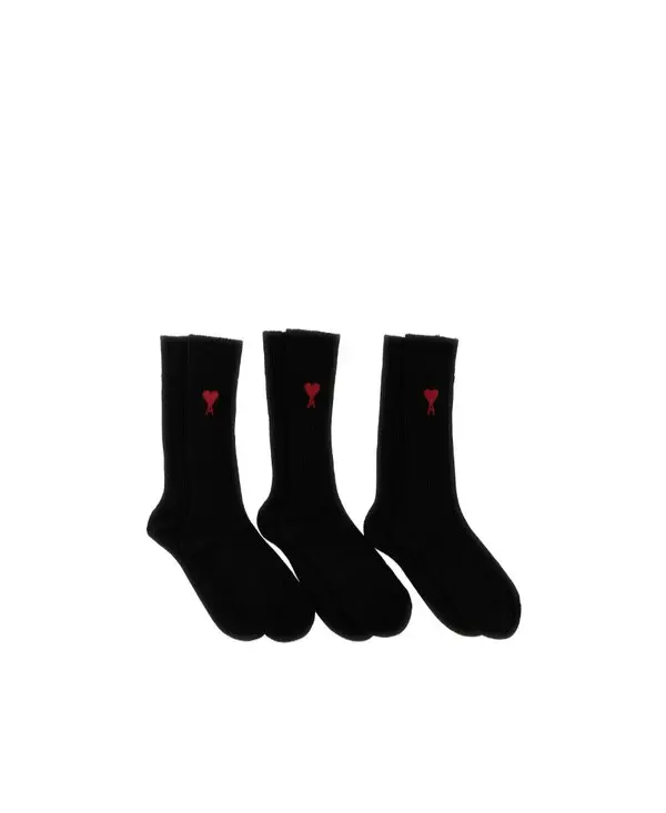 AMI Paris Logo Embroidered Ribbed 3-pack Socks - Black