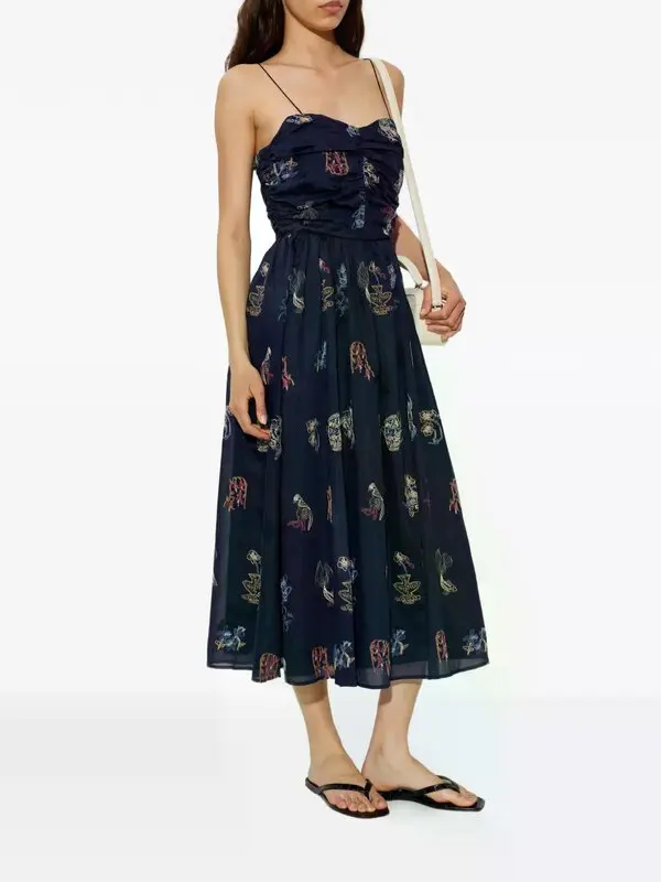 Munthe Nova Embroidered Ruched Bodice Midi Dress - Blue