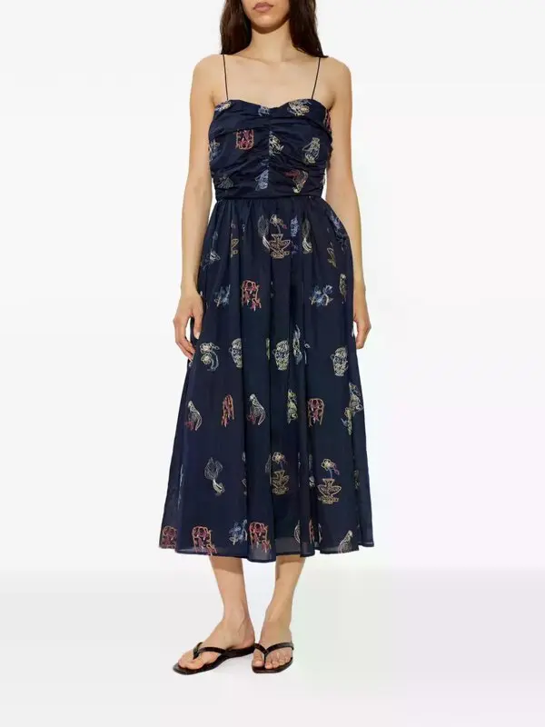 Munthe Nova Embroidered Ruched Bodice Midi Dress