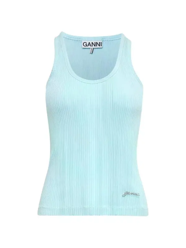 GANNI Ribbed Knit Logo Embellished Tank Top