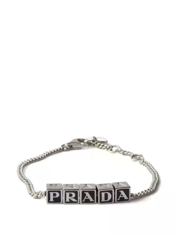 Prada Enameled Triangle Logo Metal Bracelet - Silver