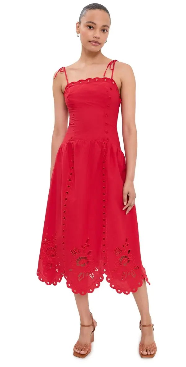 Moon River Eyelet Midi Dress - Red