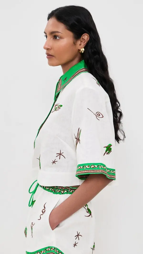 ALEMAIS Wanda Embroidered Linen Cropped Shirt - Ivory