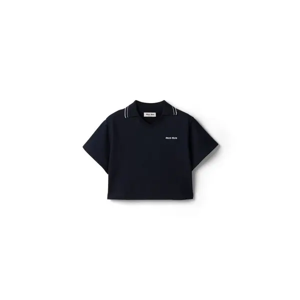 Miu Miu Cropped Cotton Fleece Sweatshirt With Polo Collar - Navy