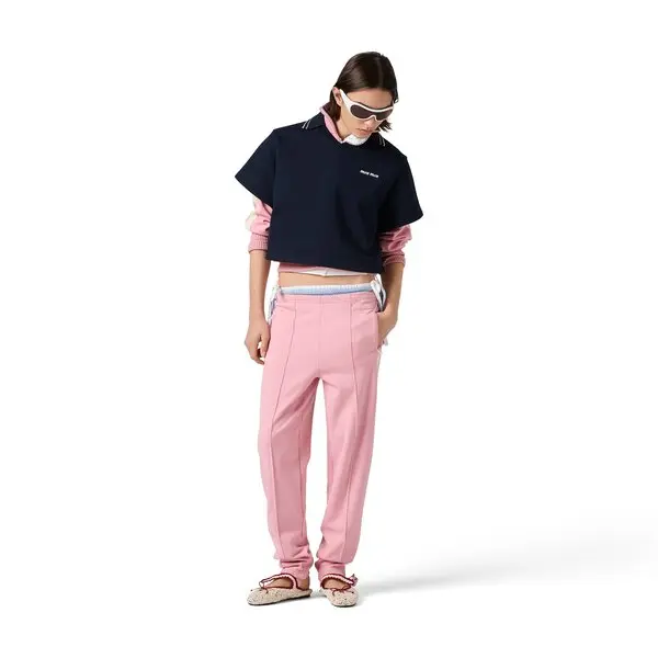 Miu Miu Cropped Cotton Fleece Sweatshirt With Polo Collar - Navy