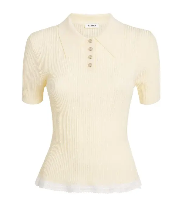 Sandro Ribbed Knit Slim Polo Shirt - Beige