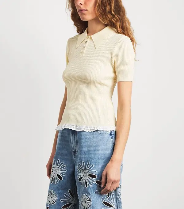 Sandro Ribbed Knit Slim Polo Shirt - Beige