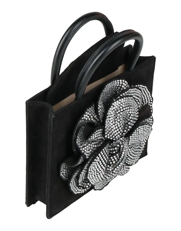 Mach & Mach Handbag Leather With Floral Appliqués And Crystals - Black