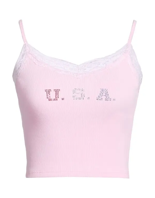 Guess Ribbed Jersey Cropped Top With Crystal Appliqués And Lace Trims - Pink