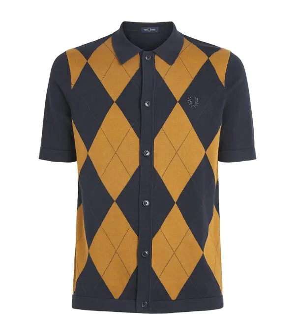 Fred Perry Cotton Knitted Argyle Shirt - Navy