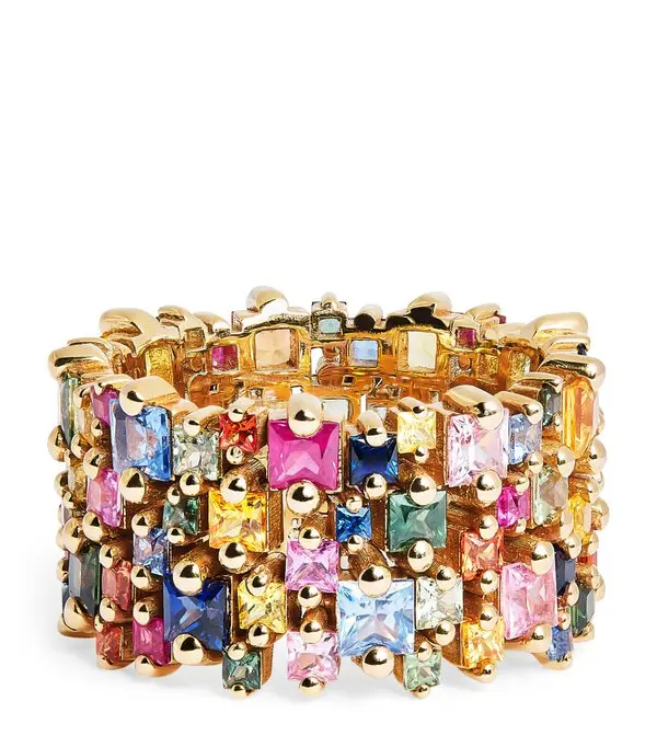 SUZANNE KALAN 18k Rose Princess Cut Rainbow Sapphire Eternity Ring - Gold