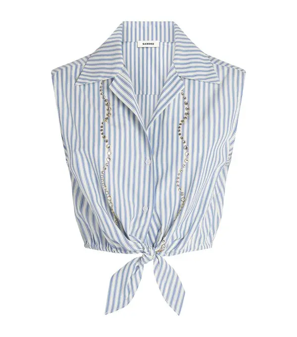 Sandro Embellished Striped Sleeveless Shirt With Front Tie Detail - Blue