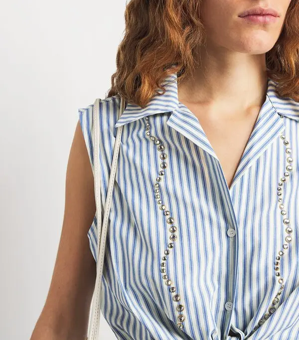 Sandro Embellished Striped Sleeveless Shirt With Front Tie Detail - Blue