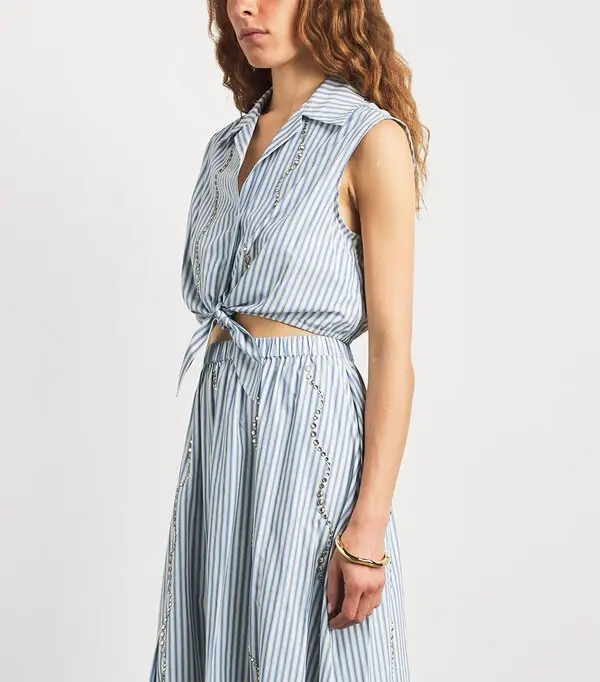 Sandro Embellished Striped Sleeveless Shirt With Front Tie Detail - Blue