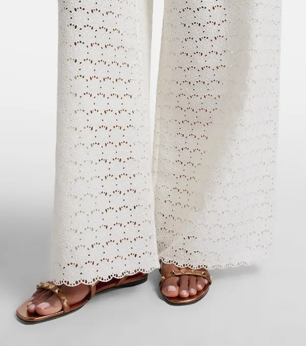 Valentino Garavani Broderie Anglaise Cotton Wide-leg Pants - White