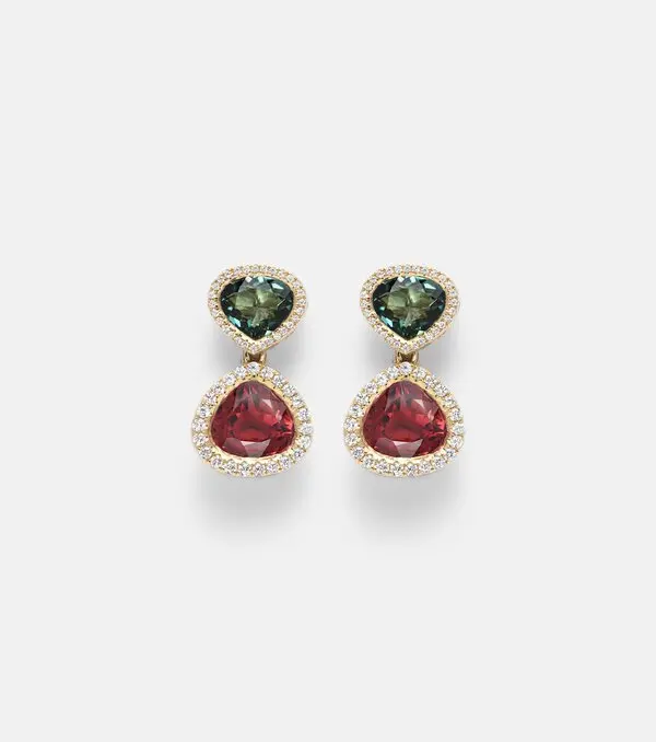 OCTAVIA ELIZABETH Two Drop Kaleidoscope Earrings With Tourmalines And Diamonds In 18kt Yellow - Gold