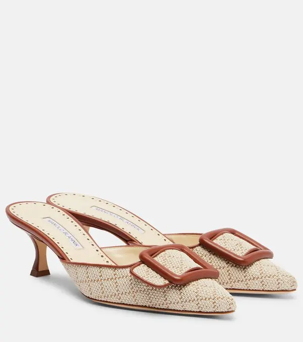 Manolo Blahnik Maysale Leather-trimmed Mules - Beige