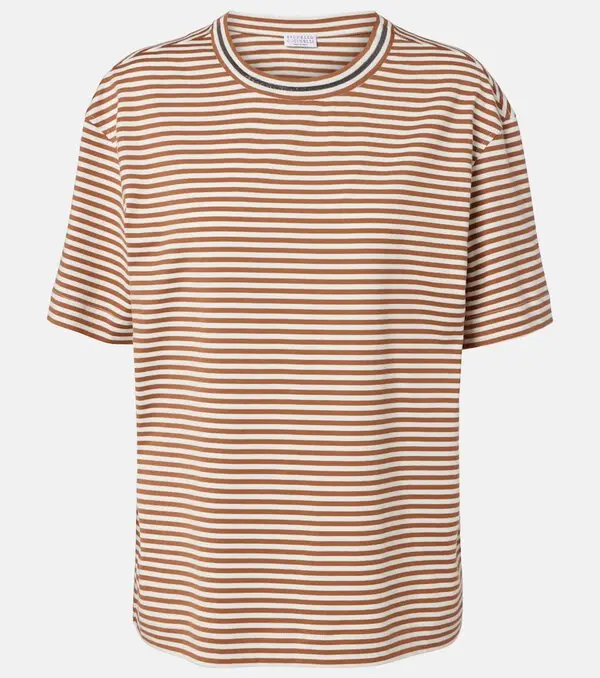Brunello Cucinelli Striped Oversized Cotton Jersey T-shirt - Brown