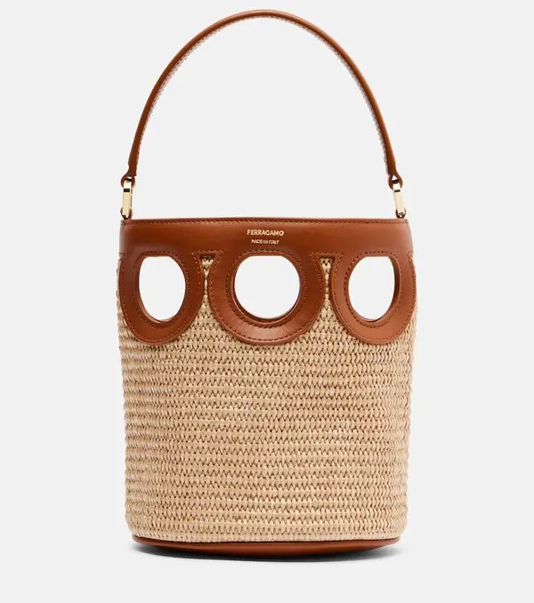 FERRAGAMO Gancini Small Raffia Bucket Bag - Brown