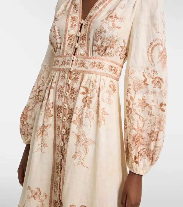 Zimmermann Indra Floral Linen Midi Dress - White