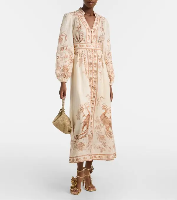 Zimmermann Indra Floral Linen Midi Dress - White