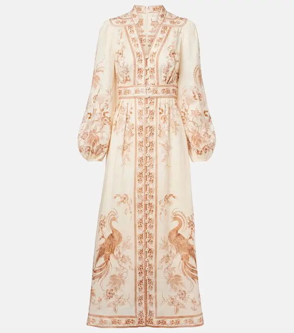 Zimmermann Indra Floral Linen Midi Dress - Ivory