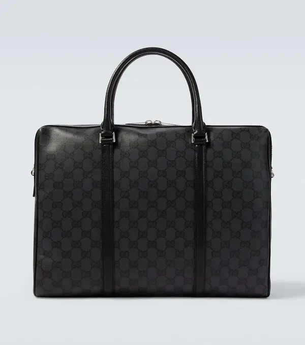 Gucci Monogram Leather Trimmed Briefcase - Black